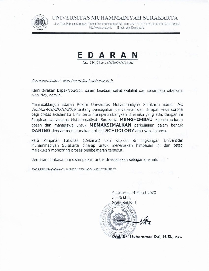 Surat Edaran Kuliah Daring di Lingkungan UMS – Magister Teknik Sipil